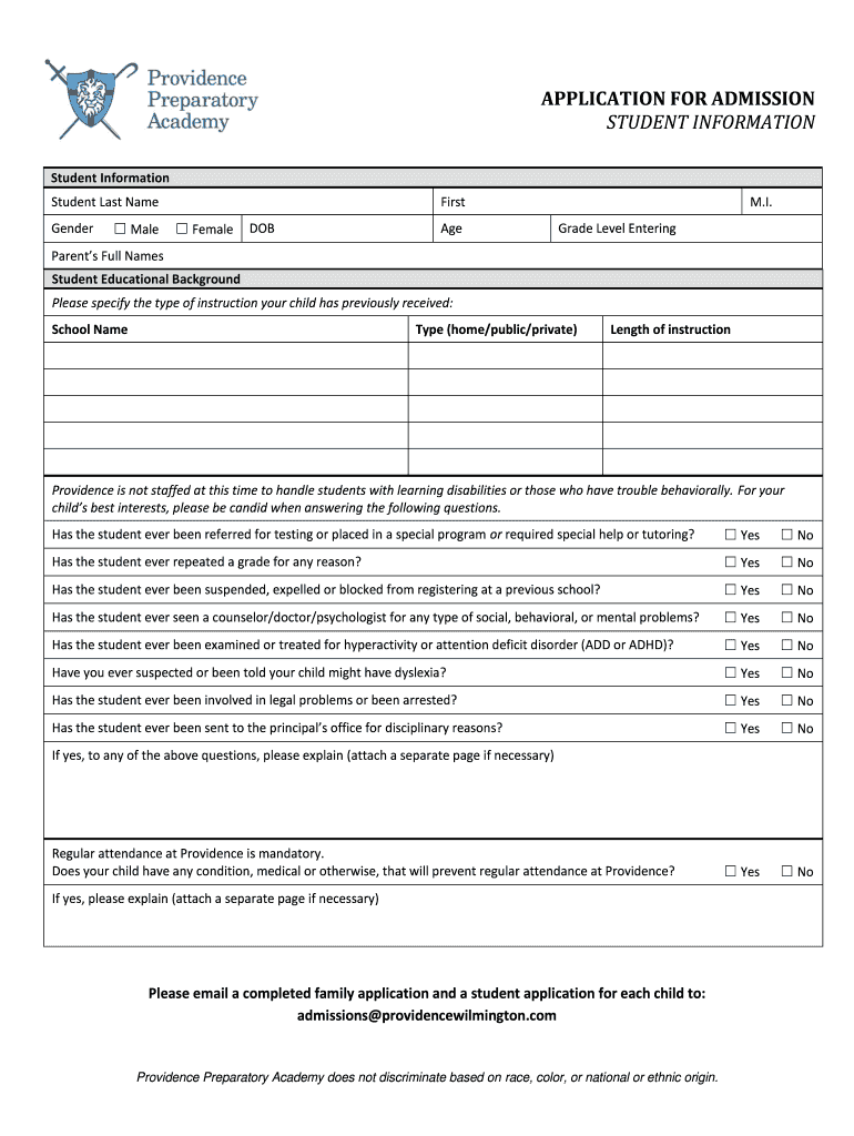 Fillable Online APPLICATION FOR ADMISSION STUDENT INFORMATION ...