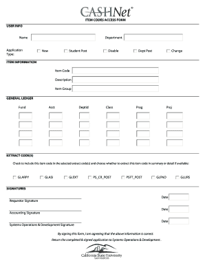Fillable Online csusm ITEM CODES ACCESS FORM Fax Email Print - pdfFiller