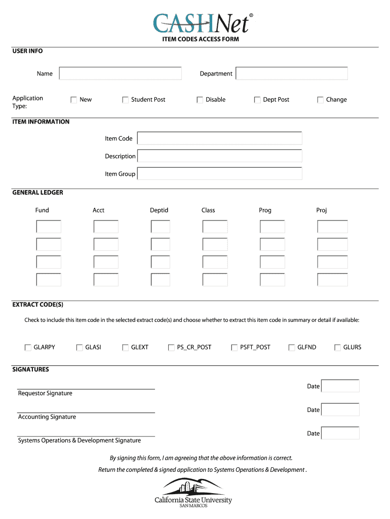 Fillable Online csusm ITEM CODES ACCESS FORM Fax Email Print - pdfFiller