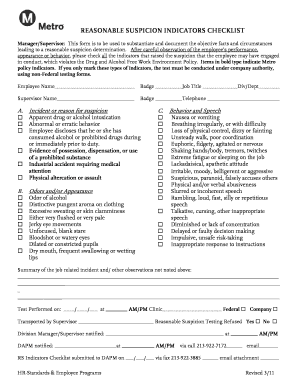 Fillable Online REASONABLE SUSPICION INDICATORS CHECKLIST Fax Email ...