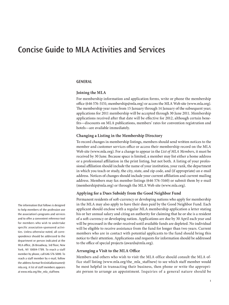 Fillable Online mla A Concise Guide to MLA Activities and Services ...