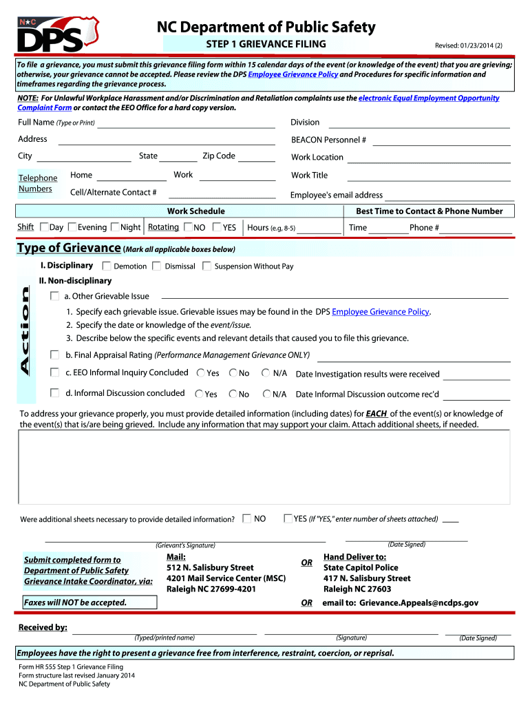 Fillable Online nccrimecontrol Step 1 Grievance Filing. Grievance ...