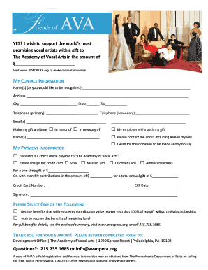Fillable Online Friends of AVA Membership Form - Academy of Vocal Arts ...