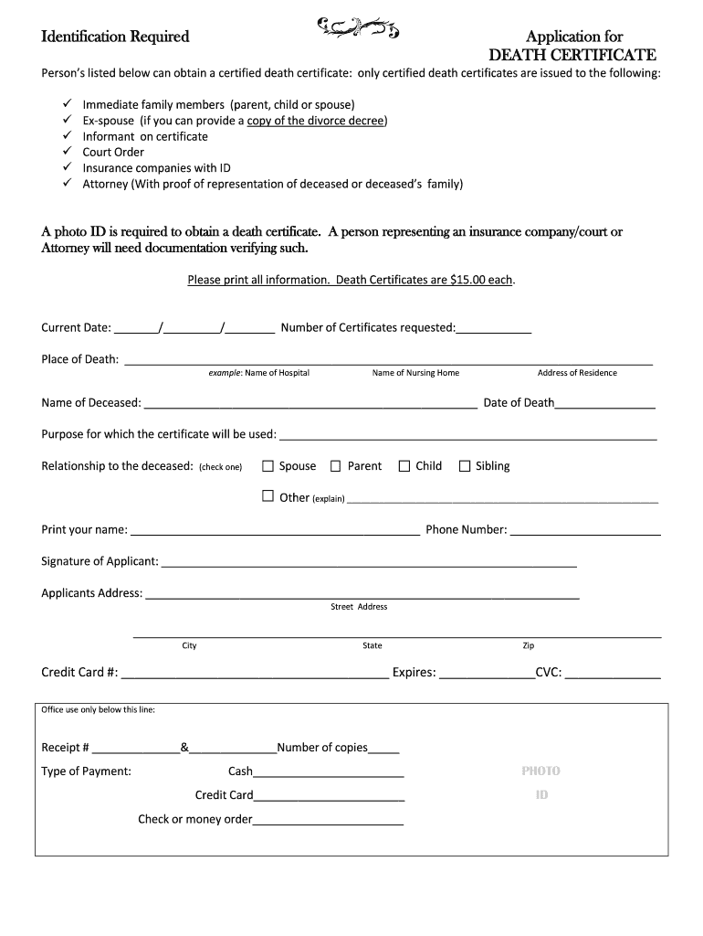 Fillable Online Identification Required Application for DEATH CERTIFICATE Fax Email Print ...