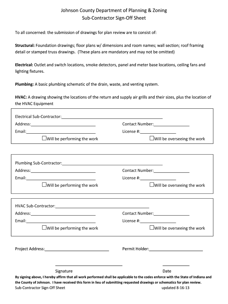 Fillable Online Sub-Contractor Sign-Off Sheet - Johnson County Indiana ...