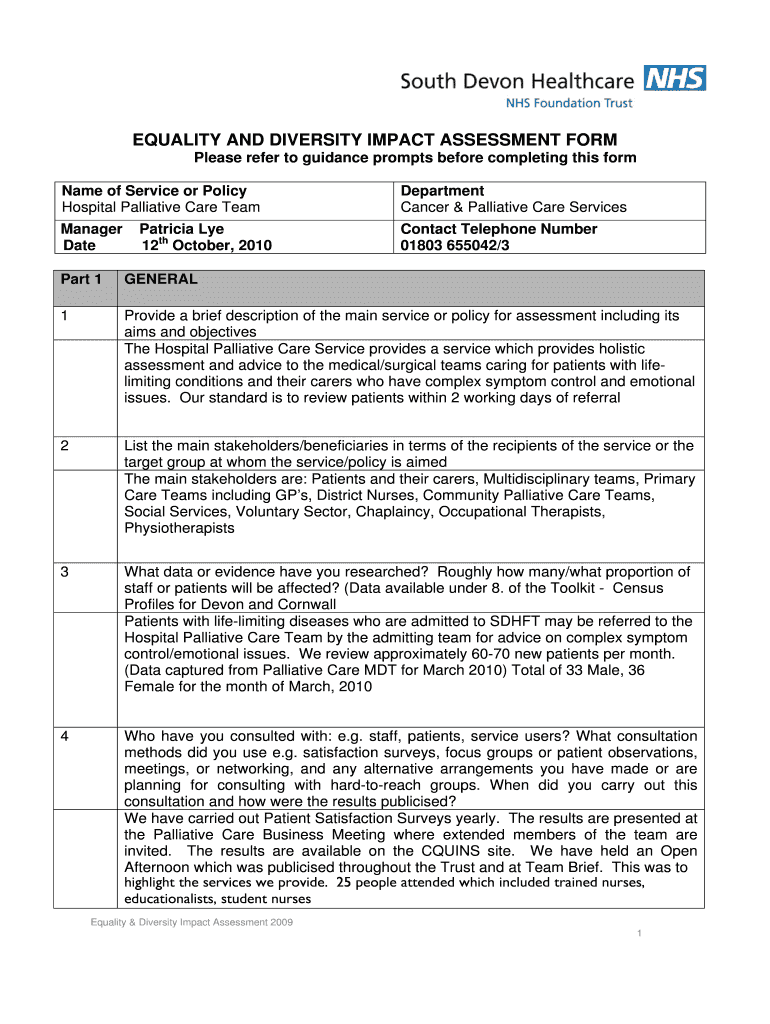 Fillable Online Equality Impact Assessment Form - Hospital Palliative ...