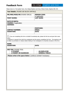 Fillable Online City College Quality Team Feedback Form (.PDF, 30k Fax Email Print - pdfFiller