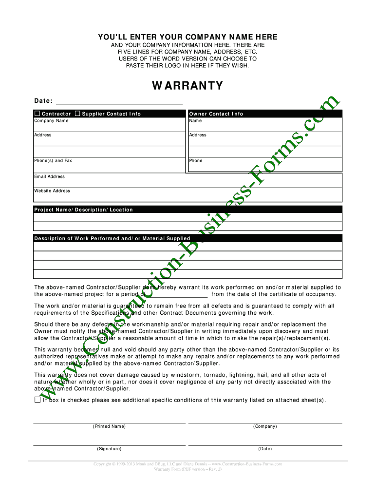 Warranty Form For Construction Fill Online Printable Fillable 