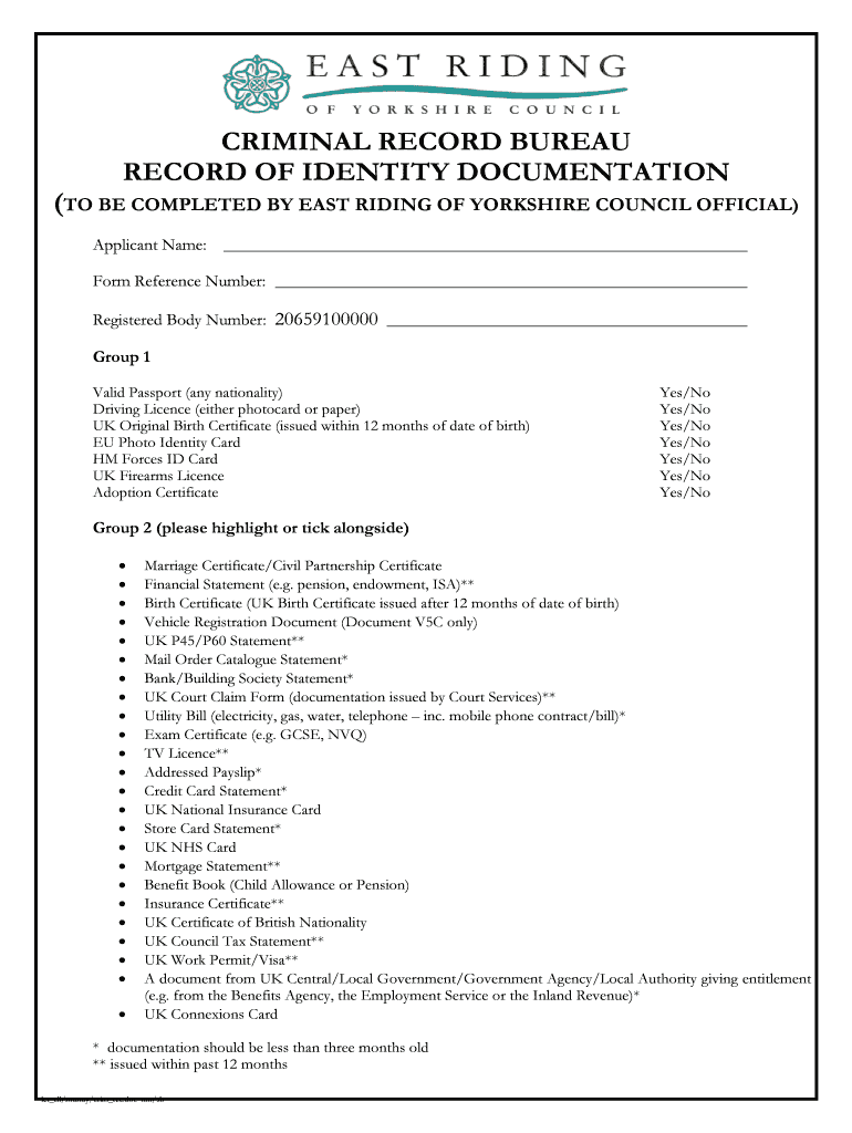 Fillable Online Criminal record bureau record of identity documentation ...