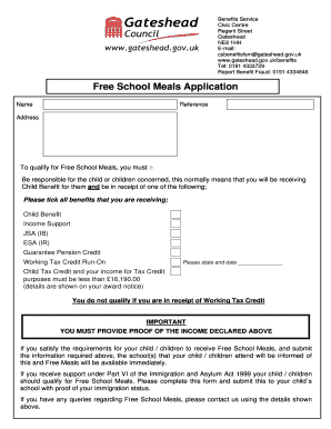 Fillable Online Free School Meals Application Form - Gateshead Council ...