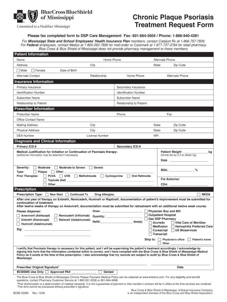 Fillable Online BCBS 22289 Plaque Psoriasis Request - Blue Cross & Blue ...