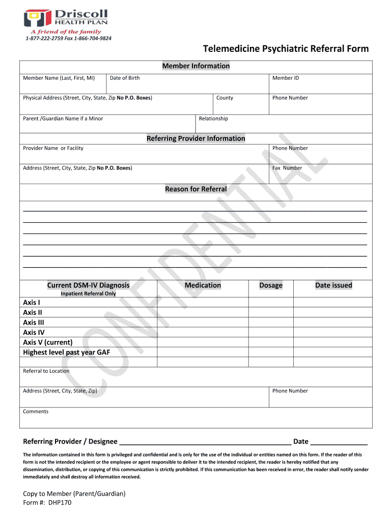 Fillable Online Telemedicine Psychiatric Referral Form Fax Email Print ...