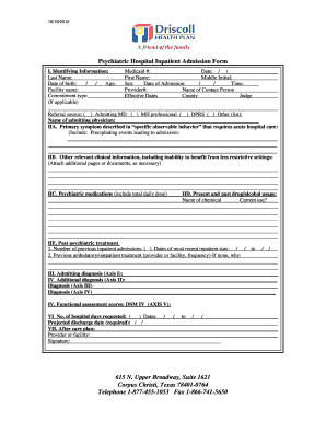 Fillable Online Psychiatric Hospital Inpatient Admission Form Fax Email ...
