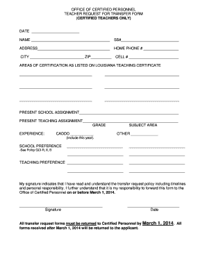 Fillable Online 2014 Teacher Transfer form Fax Email Print - pdfFiller