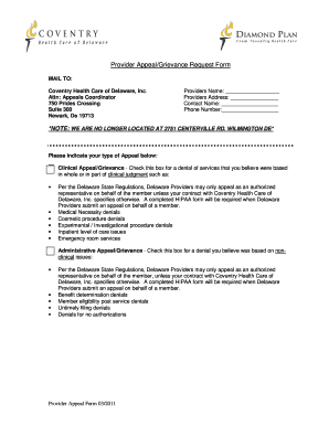 Fillable Online Provider Appeal/Grievance Request Form - Coventry ...