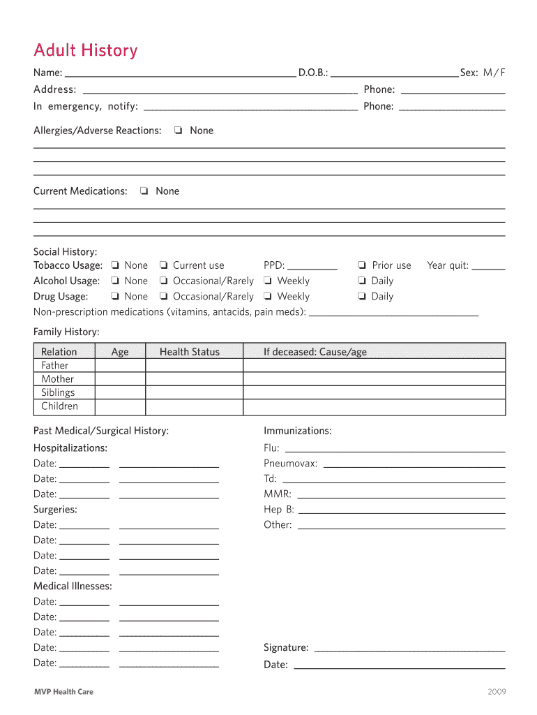 Fillable Online Adult Health History Form - MVP Health Care Fax Email ...