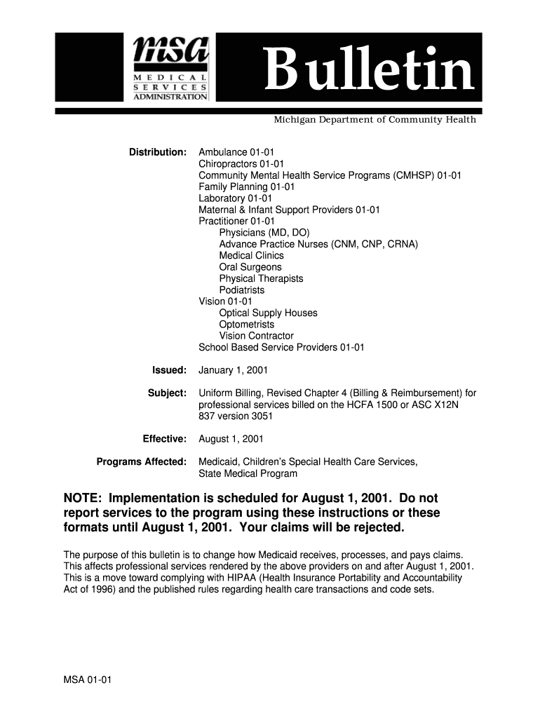 Fillable Online Uniform Billing: Revised Chapter 4 - Michigan ...
