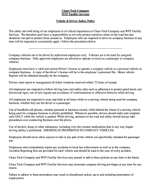 Fillable Online wff Vehicle & Driver Safety Policy & Acknolwedgement ...