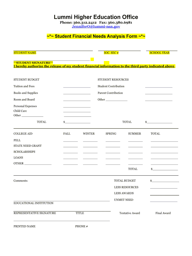 Fillable Online lummi-nsn Student Financial Needs Analysis Form - lummi ...
