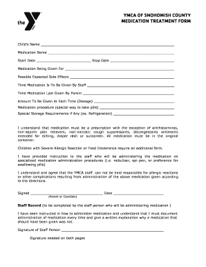 Fillable Online ymca-snoco MEDICATION TREATMENT FORM - ymca-snoco Fax ...