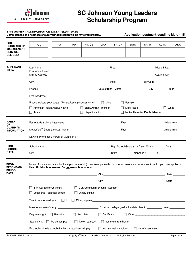 Fillable Online sms scholarshipamerica SC Johnson Young Leaders Fax Email Print - pdfFiller
