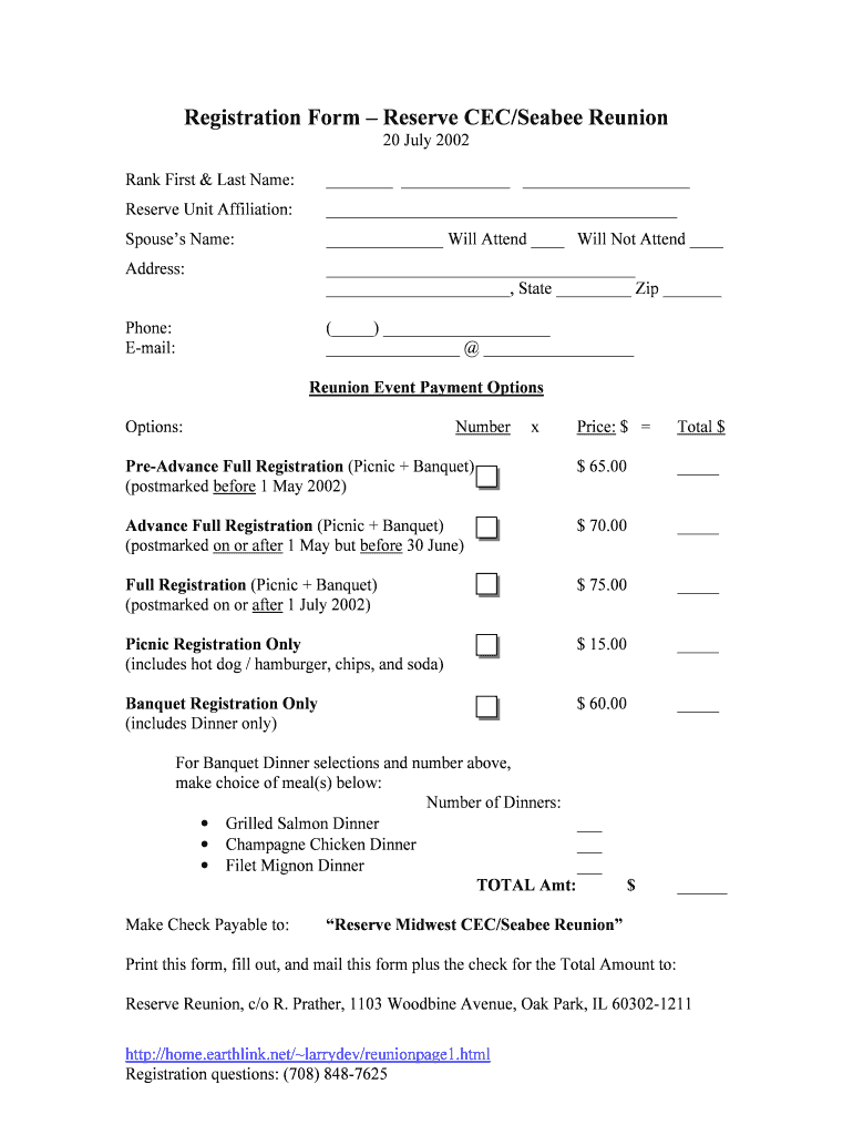 Fillable Online home earthlink Registration Form Reserve CEC/Seabee Reunion - Earthlink - home ...