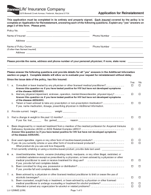 Fillable Online BApplicationb for Reinstatement - Banner Life Insurance ...