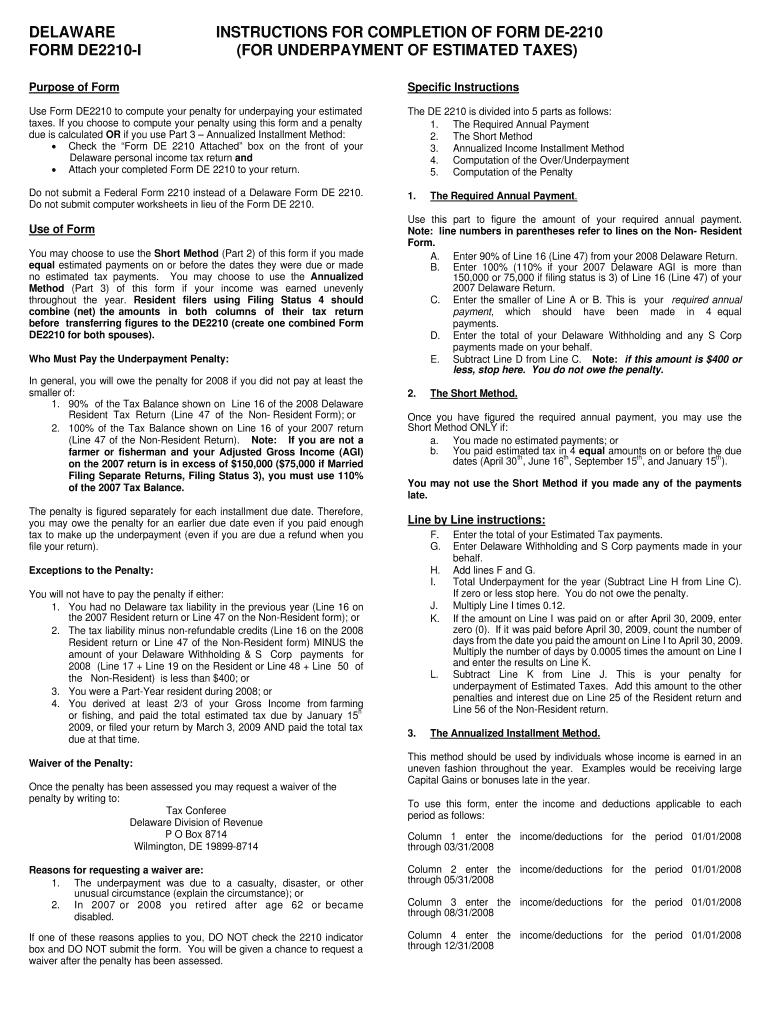 Fillable Online revenue delaware DELAWARE INSTRUCTIONS FOR COMPLETION ...