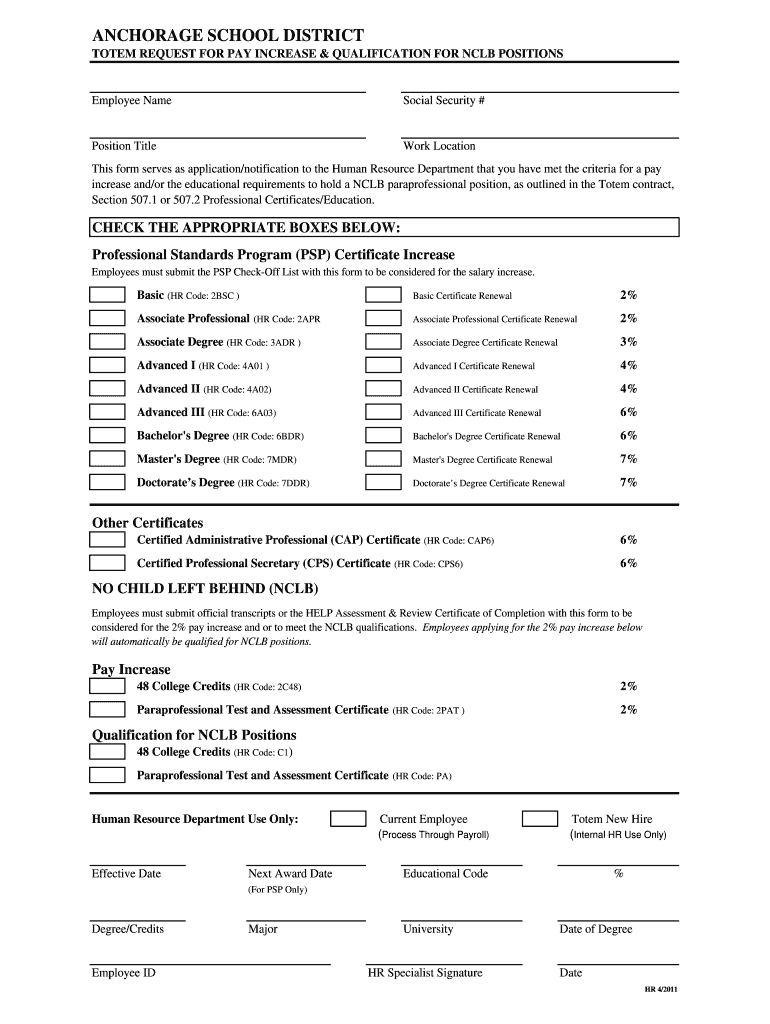 Fillable Online asdk12 TOTEM REQUEST FOR PAY INCREASE & QUALIFICATION ...
