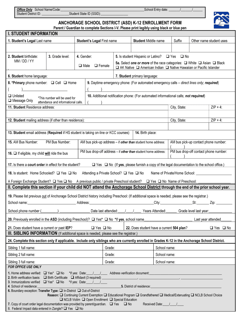 Fillable Online asdk12 English - Anchorage School District Fax Email ...
