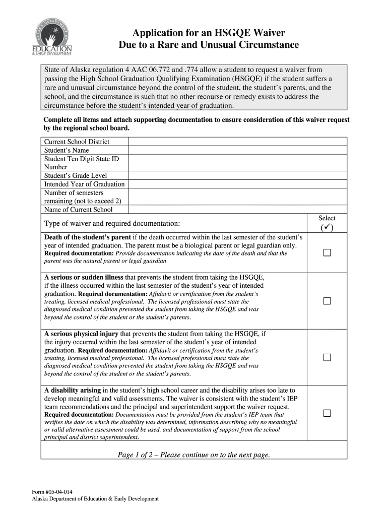 Fillable Online asdk12 BApplicationb for an HSGQE Waiver Due to a Rare and Unusual bb Fax Email ...