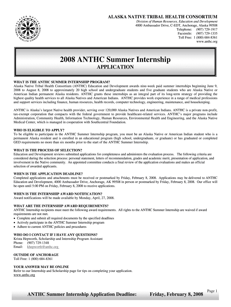 Fillable Online asdk12 2008 ANTHC Summer Internship - Anchorage School ...