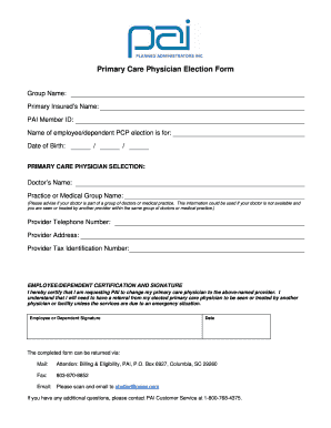 Fillable Online Primary Care Physician Election Form - PAI Fax Email ...