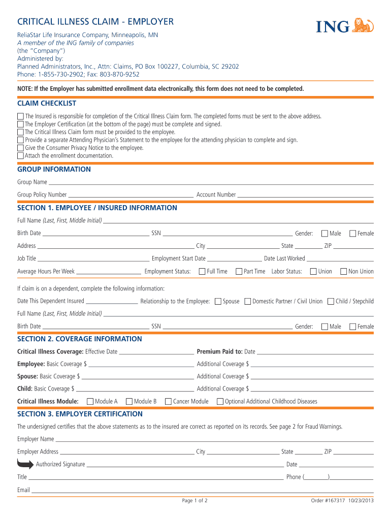 Fillable Online RESET FORM CRITICAL ILLNESS CLAIM - EMPLOYER ReliaStar ...