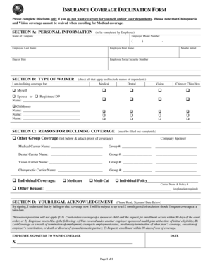 Fillable Online INSURANCE COVERAGE DECLINATION FORM X - NCBE Fax Email ...