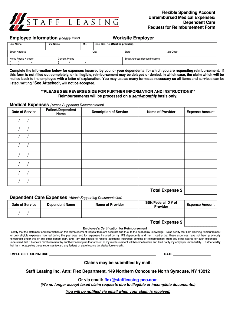 Fillable Online Flex Claim Form - Staff Leasing Fax Email Print - pdfFiller