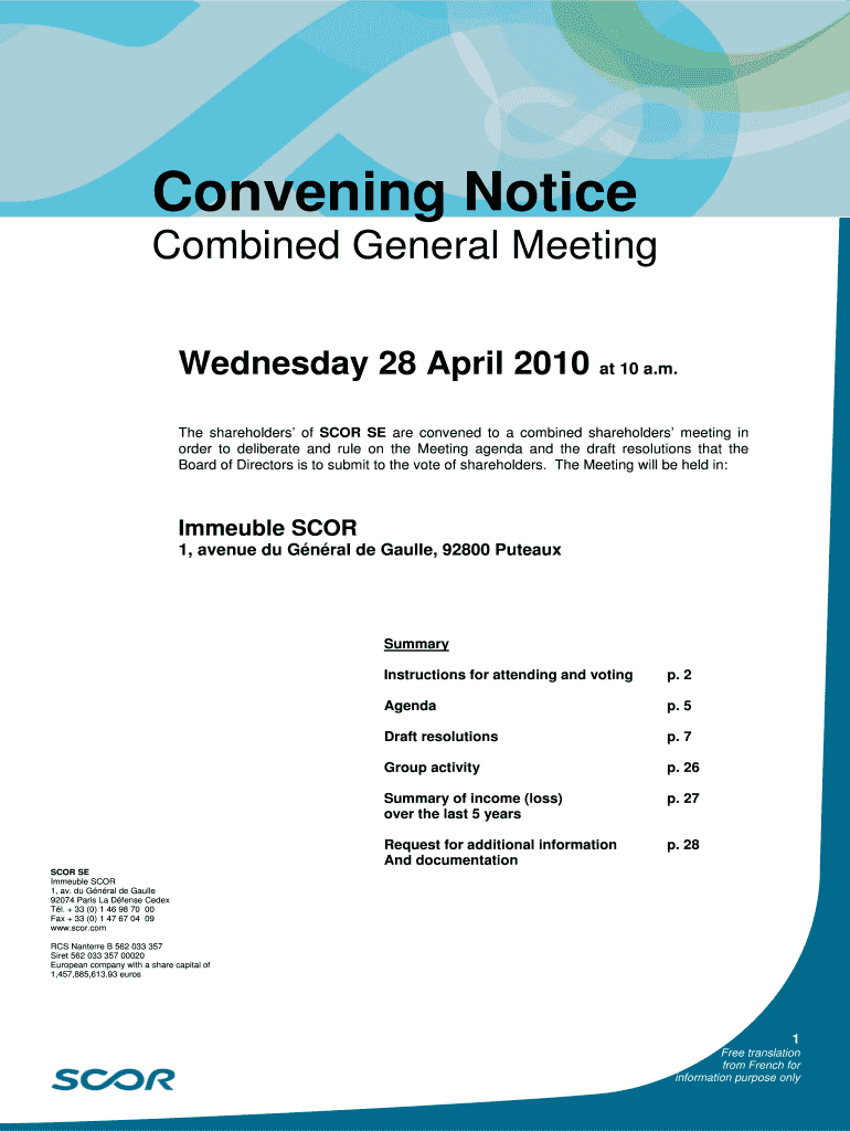 Fillable Online Convening Notice - Scor Fax Email Print - pdfFiller