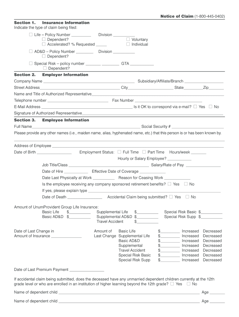 Fillable Online CLAIM FOR LIFE / ACCIDENTAL DEATH AND DISMEMBERMENT ...