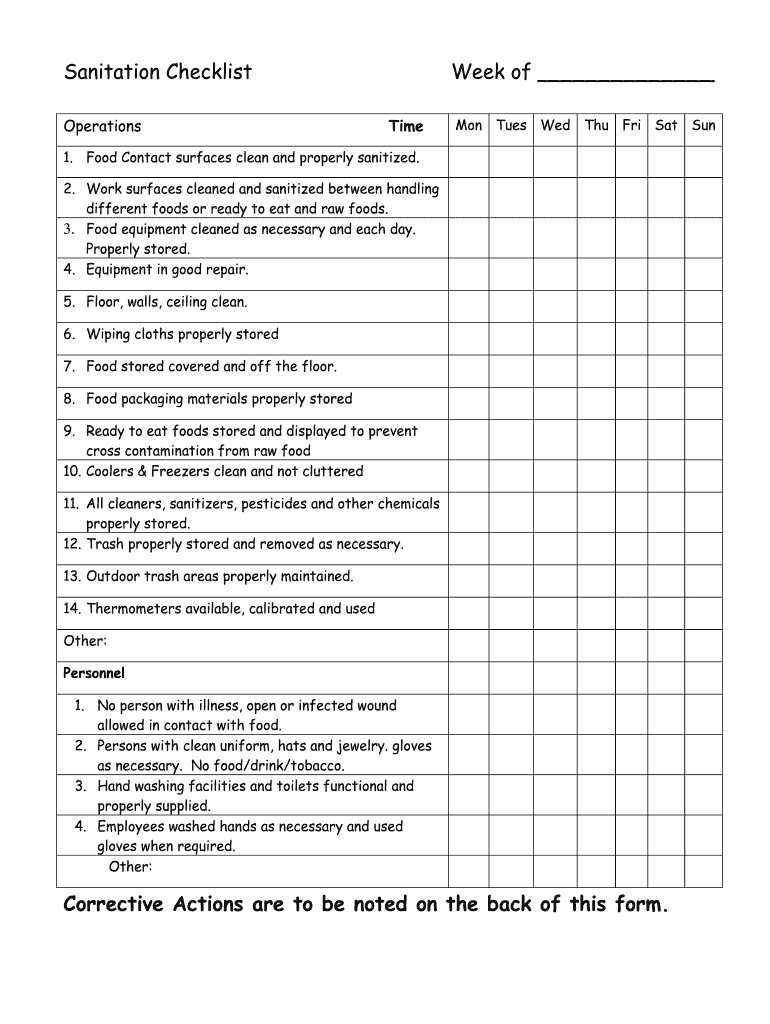 Fillable Online Sanitation Checklist Fax Email Print - pdfFiller