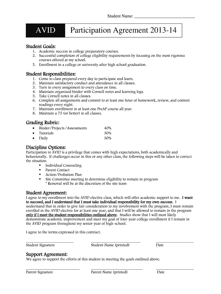 Fillable Online AVID Student Participation Agreement Fax Email Print - pdfFiller