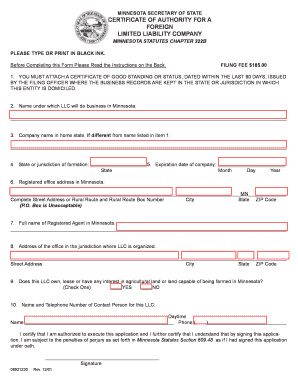 Fillable Online MINNESOTA SECRETARY OF STATE CERTIFICATE OF AUTHORITY ...