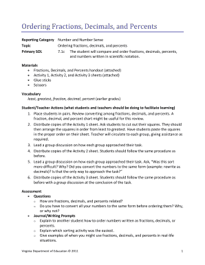 Fillable Online Ordering Fractions, Decimals, and Percents Fax Email ...