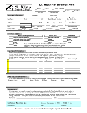 Fillable Online 2013 Health Plan Enrollment Form - SRMC Fax Email Print ...