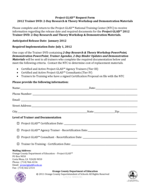 Fillable Online ocde Project GLAD Request Form 2012 Trainer DVD: 2-Day ...