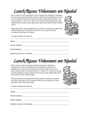 Fillable Online Lunch Volunteer Form (pdf) Fax Email Print - pdfFiller