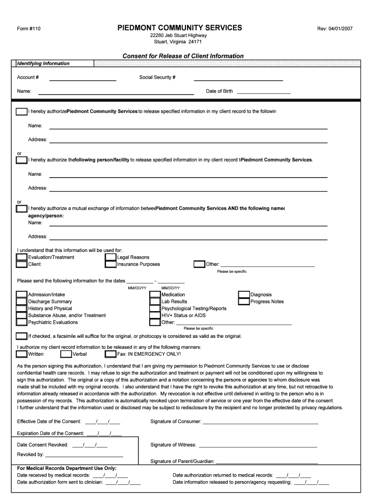 Fillable Online Consent to Release Information PC - Piedmont Community ...