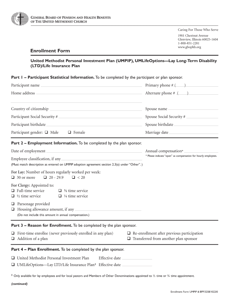 Fillable Online gbophb Enrollment Form - General Board of Pension and ...