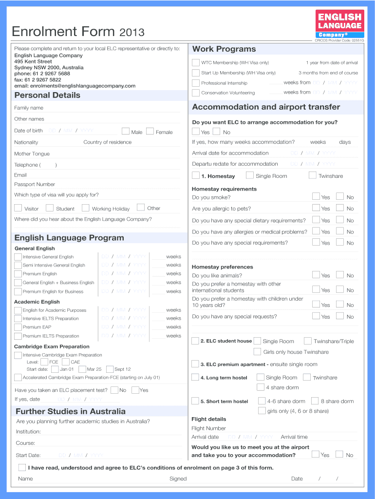 Fillable Online australie informationplanet ELC Enrol Form 2013 1 ...