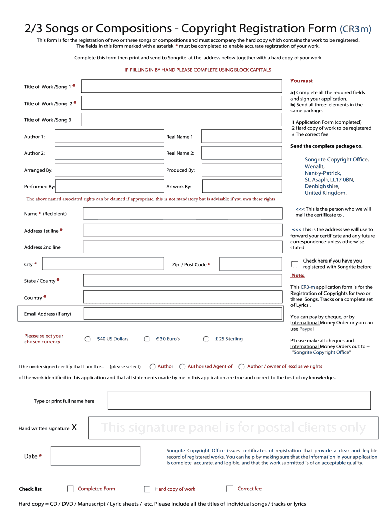 Fillable Online Reset Form Print Form 2/3 Songs or Compositions ...