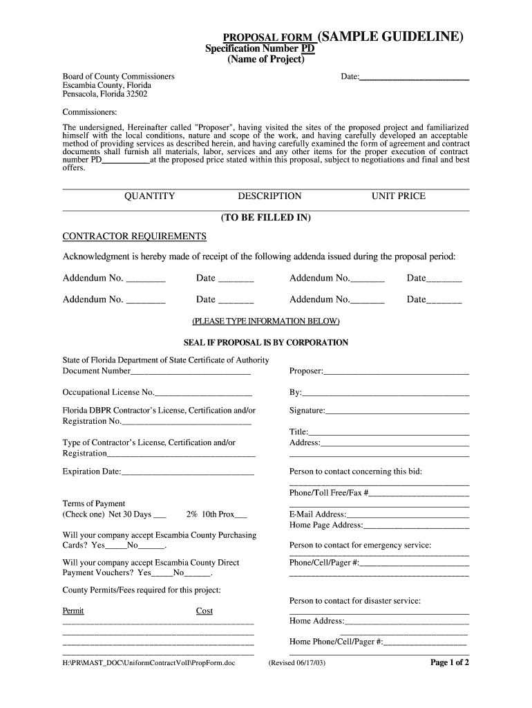 Fillable Online PROPOSAL FORM (SAMPLE GUIDELINE) - Escambia County Fax Email Print - pdfFiller